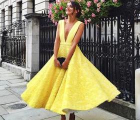 Unique A-line Deep V-neck Yellow Tea-length Lace Homecoming/prom Dress ...