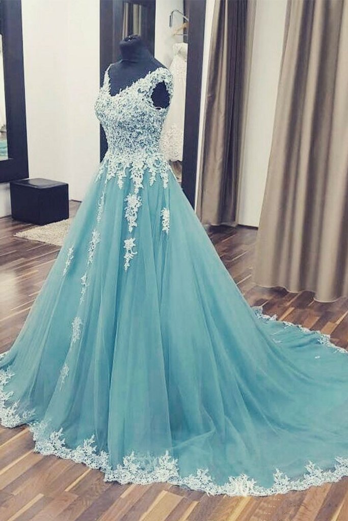 Beautiful A-Line V-Neck Cap Sleeves Blue Tulle Long Prom Dress With ...