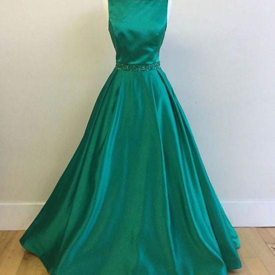 Beautiful A Line Bateau Green Satin Long Prom Evening Dress With