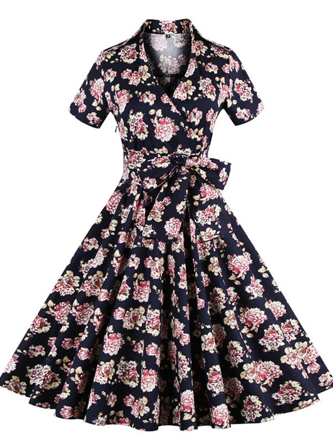 Vintage Rockabilly Floral Black Mid-length 50s Cocktail Party Dress on ...