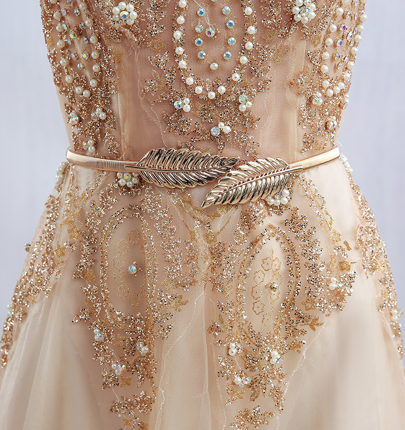 Luxurious A-line Round Neck Champagne Long Prom Dress With Pearl on Luulla